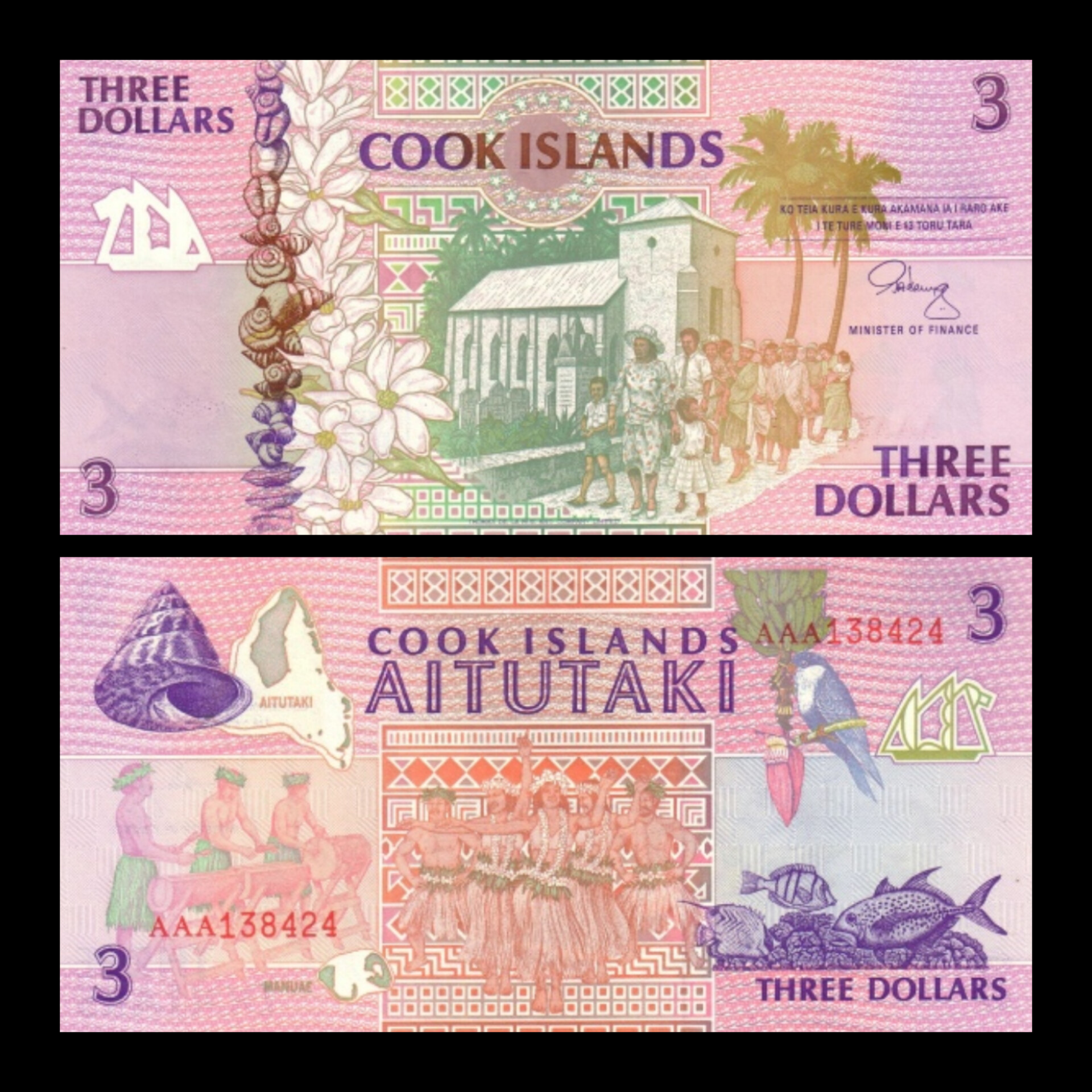 Cook Islands 3 Dollars 1992 P-7 UNC Bank Note